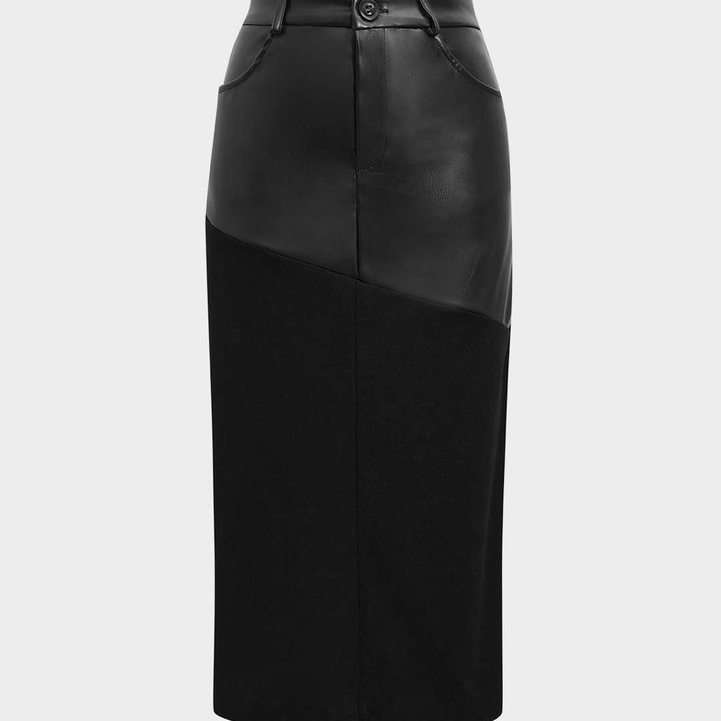 Leather Panel Back Slit Midi Skirt – Conean